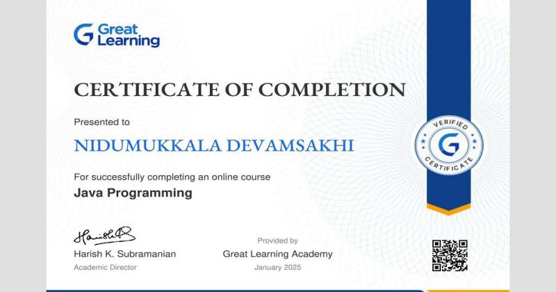 Java Programming course completion certificate for Nidumukkala ... Java Programming course completion certificate for Nidumukkala ...