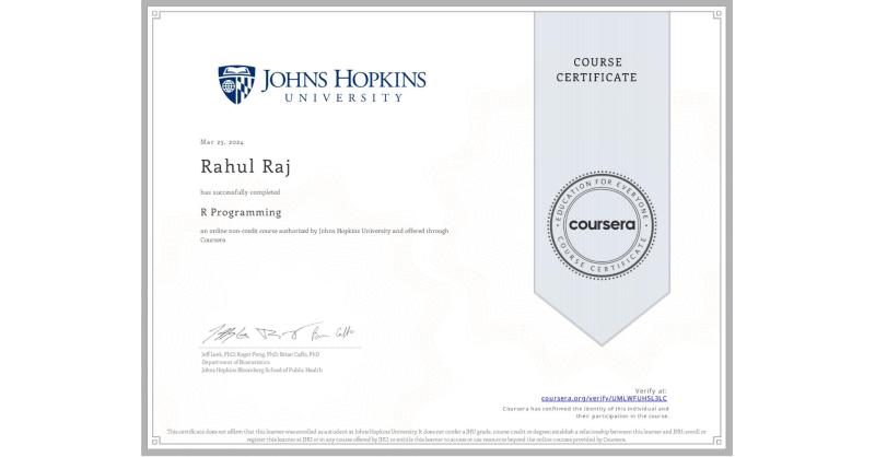 Completion Certificate for R Programming | Rahul Raj Completion Certificate for R Programming | Rahul Raj