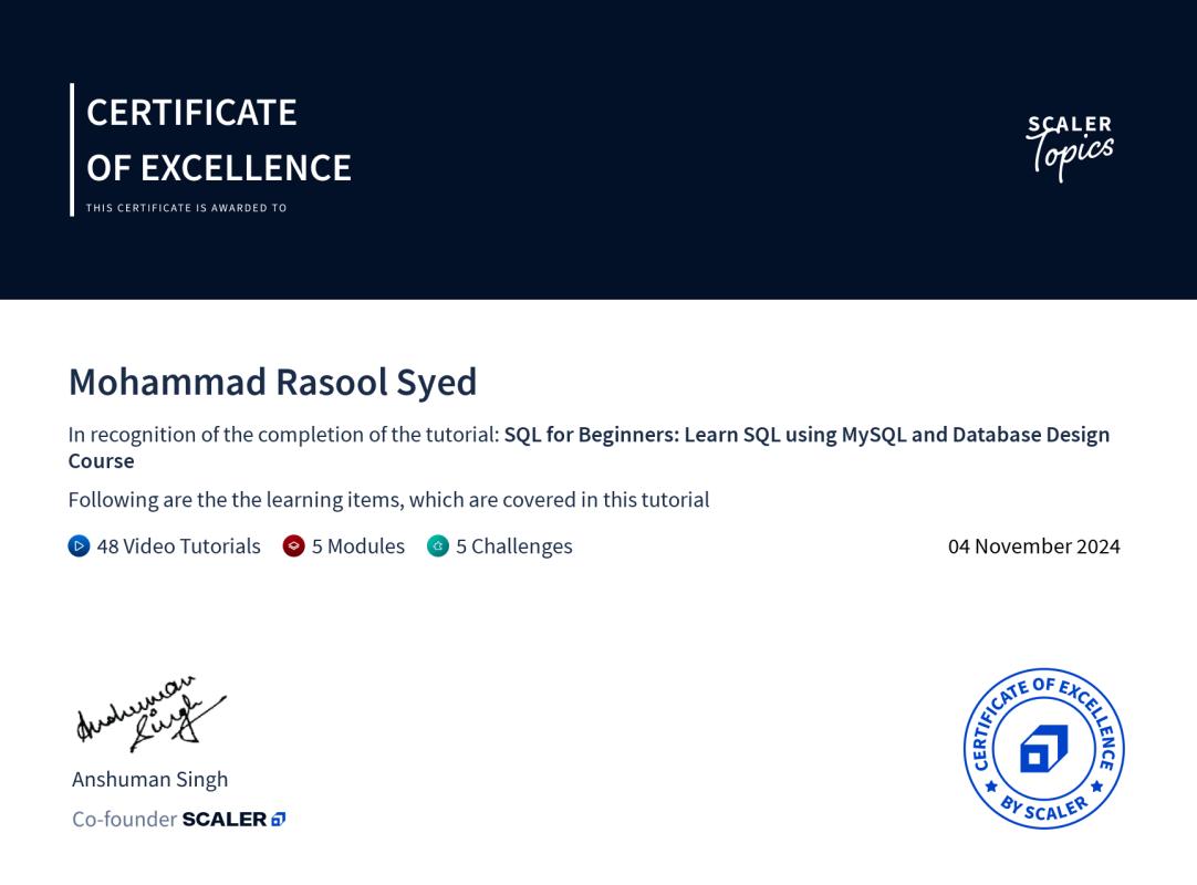 Mohammad Rasool Syed on LinkedIn: I have completed SQL for Beginners ... Mohammad Rasool Syed on LinkedIn: I have completed SQL for Beginners ...