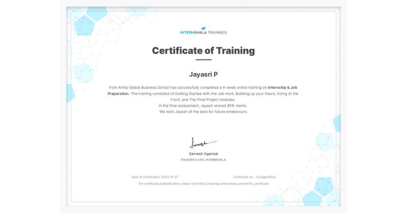 JAYASRI P on LinkedIn: Successfully completed the Internship & Job ... JAYASRI P on LinkedIn: Successfully completed the Internship & Job ...