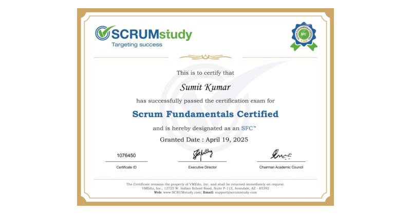 I passed the Scrum Fundamentals Certified certification exam! | Sumit Kumar I passed the Scrum Fundamentals Certified certification exam! | Sumit Kumar