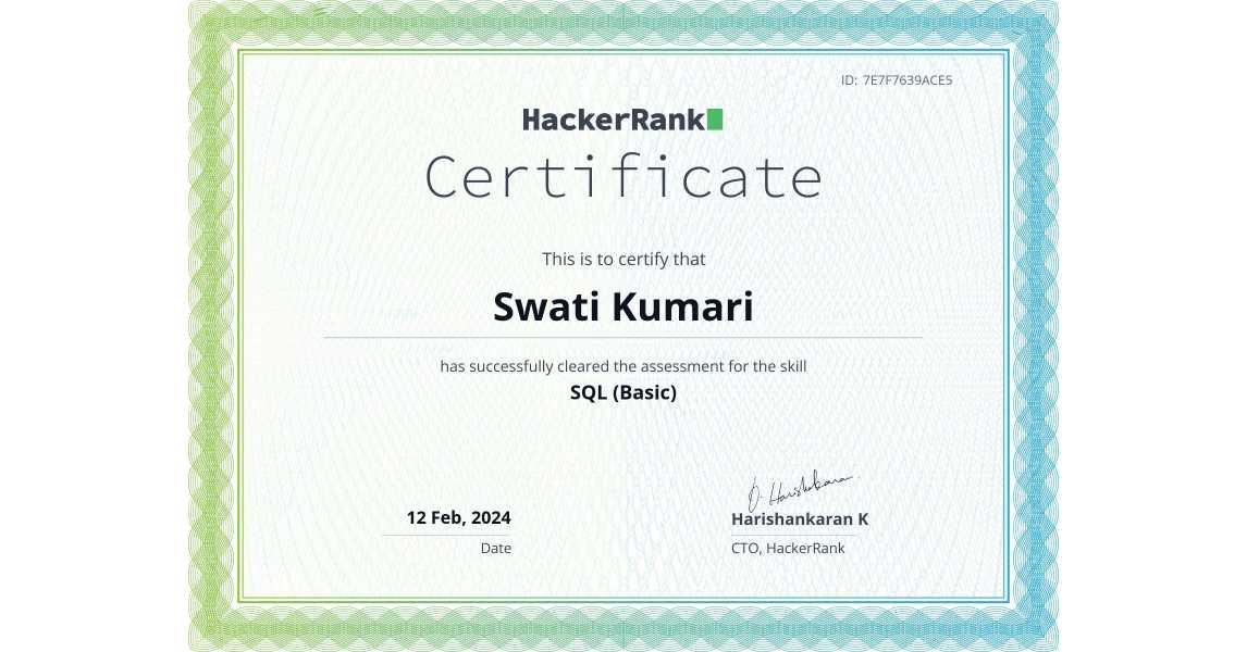 Swati Kumari on LinkedIn: HackerRank Skill Certificate Swati Kumari on LinkedIn: HackerRank Skill Certificate