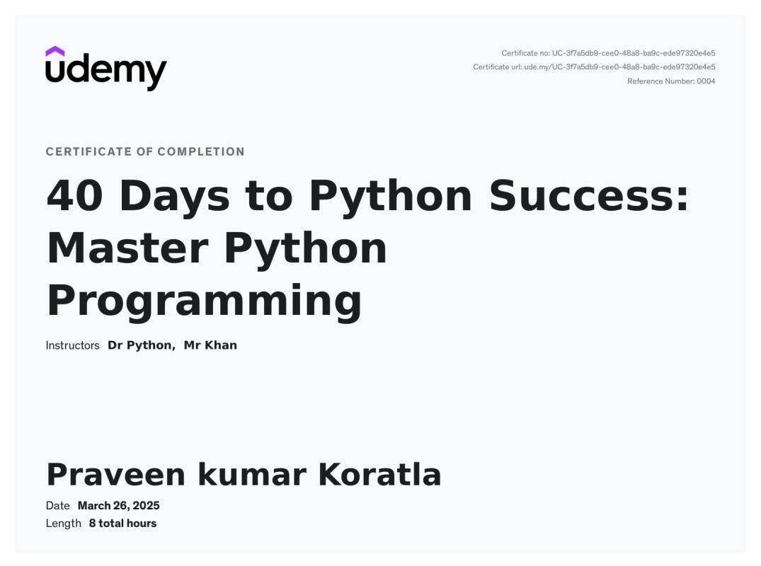 Udemy Course Completion Certificate | Koratla Praveen Kumar Udemy Course Completion Certificate | Koratla Praveen Kumar