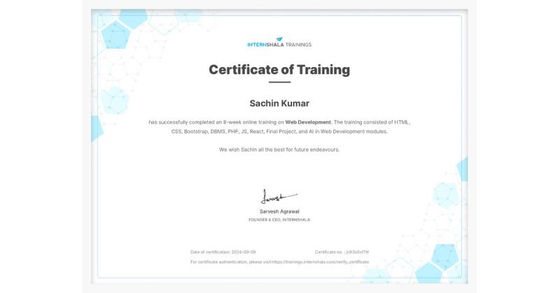 Completed Web Development course from Internshala | Sachin Kumar posted ... Completed Web Development course from Internshala | Sachin Kumar posted ...