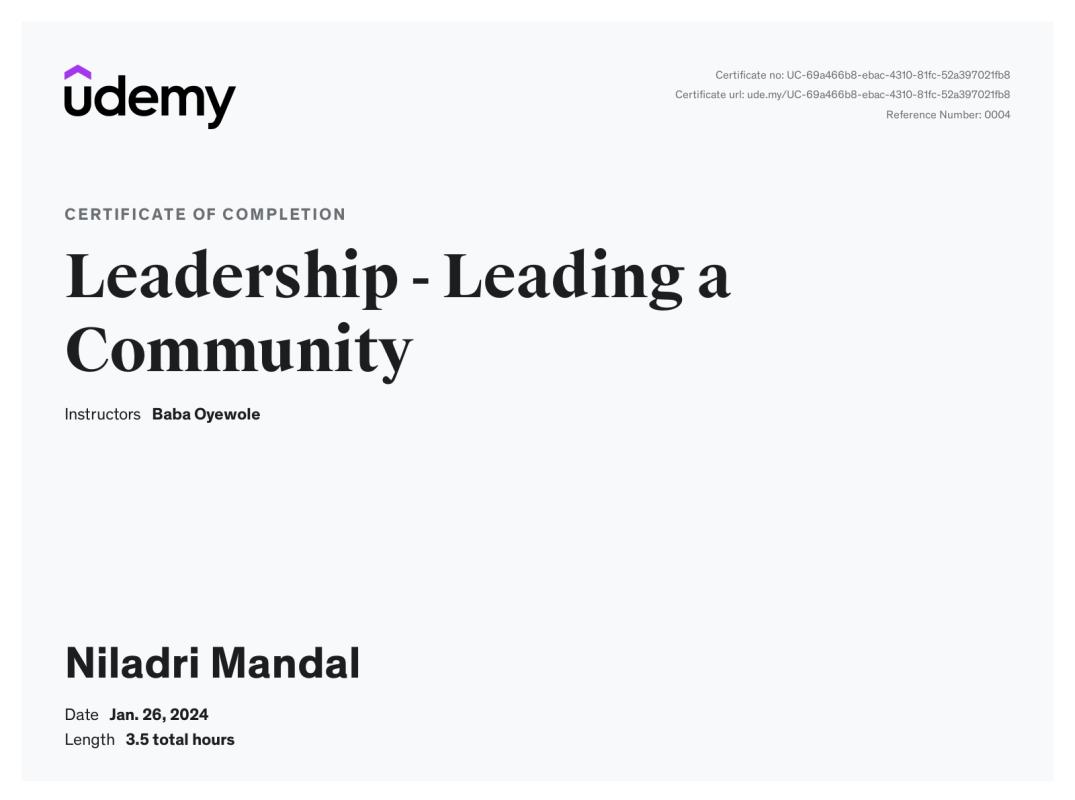 Udemy Course Completion Certificate | Niladri Mandal Udemy Course Completion Certificate | Niladri Mandal