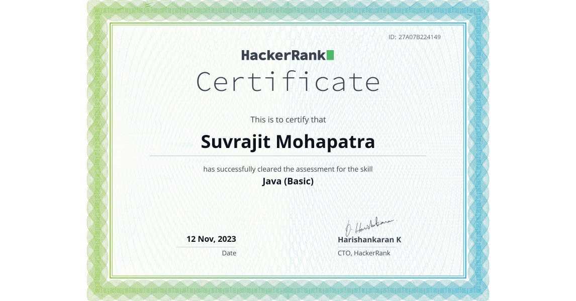 Suvrajit Mohapatra on LinkedIn: HackerRank Skill Certificate Suvrajit Mohapatra on LinkedIn: HackerRank Skill Certificate