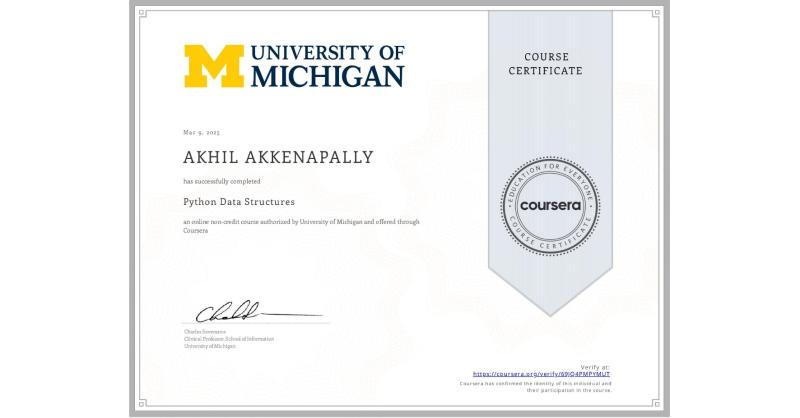Completion Certificate for Python Data Structures | AKHIL A Completion Certificate for Python Data Structures | AKHIL A