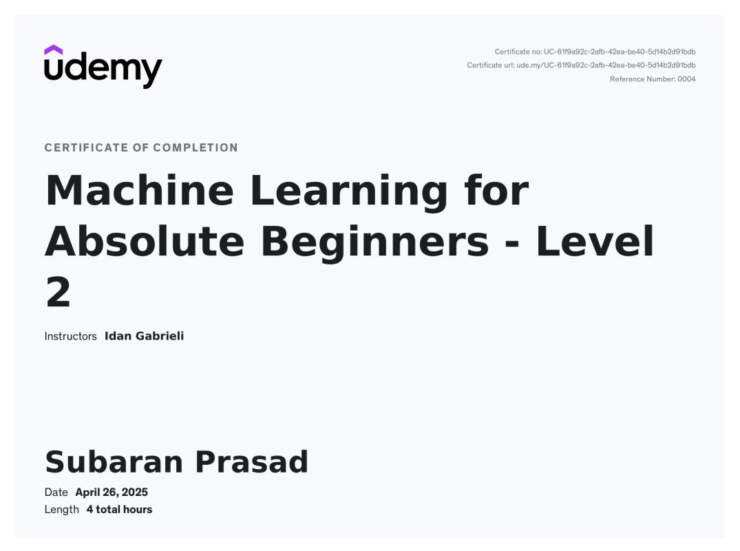 Udemy Course Completion Certificate | Subaran Prasad Udemy Course Completion Certificate | Subaran Prasad
