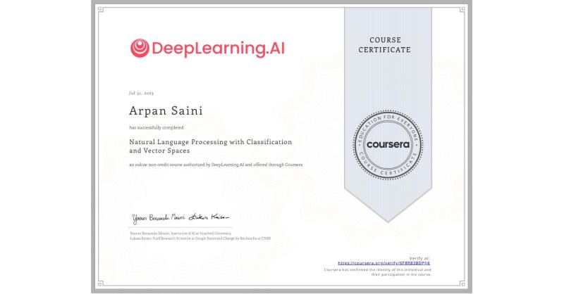Arpan Saini on LinkedIn: Completion Certificate for Natural Language ... Arpan Saini on LinkedIn: Completion Certificate for Natural Language ...