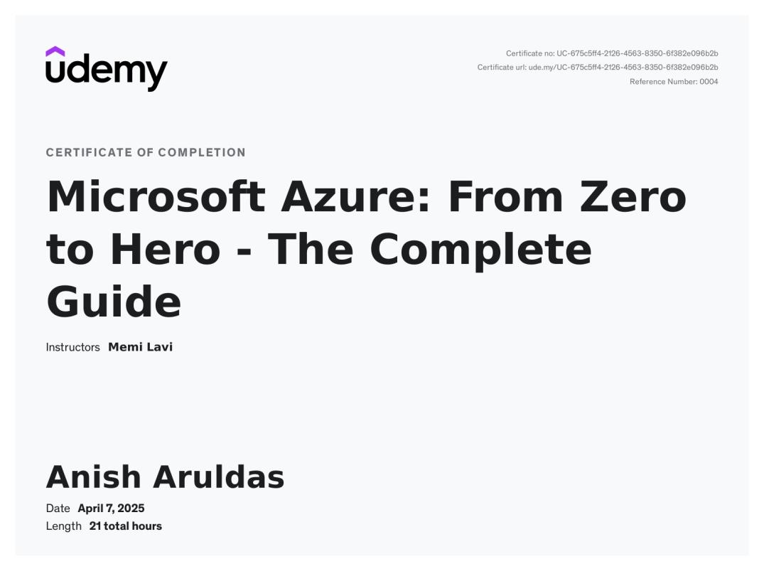 Udemy Course Completion Certificate | Anish Aruldas Udemy Course Completion Certificate | Anish Aruldas