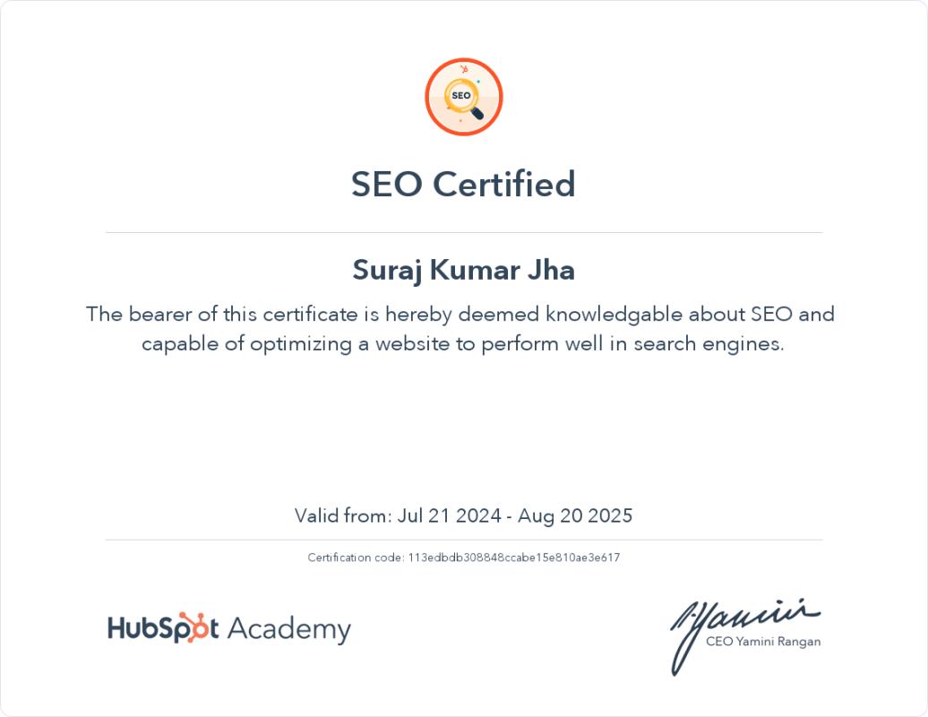 Suraj Kumar Jha on LinkedIn: HubSpot Academy SEO Certification Suraj Kumar Jha on LinkedIn: HubSpot Academy SEO Certification