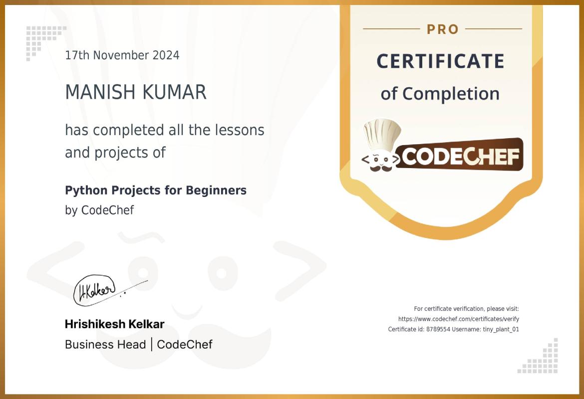 MANISH KUMAR on LinkedIn: CodeChef Certificate - MANISH KUMAR MANISH KUMAR on LinkedIn: CodeChef Certificate - MANISH KUMAR