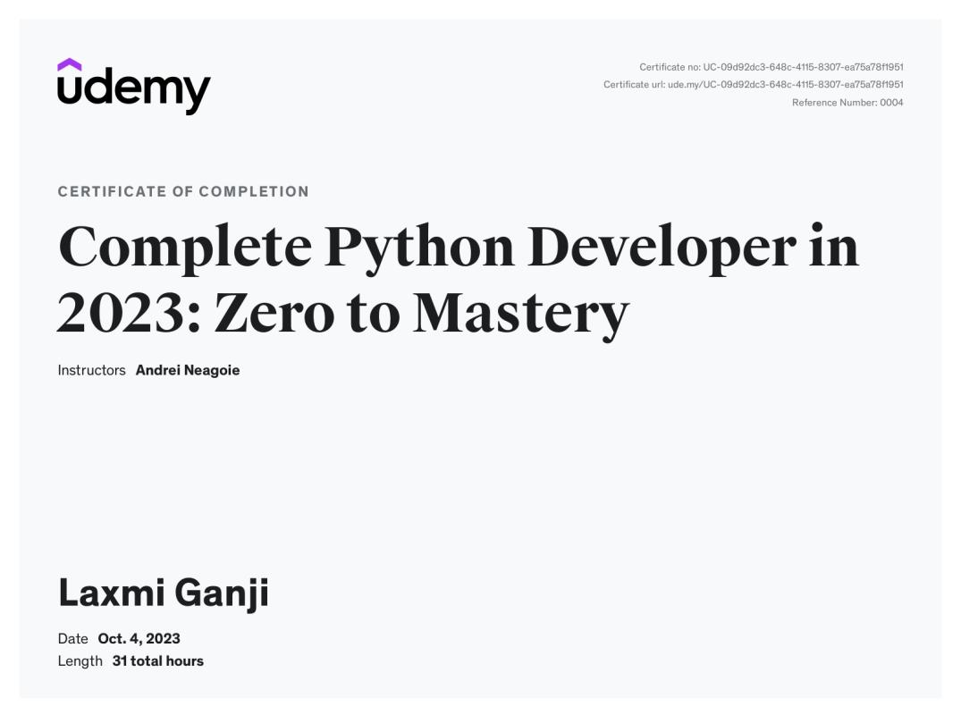 Laxmi Ganji on LinkedIn: Udemy Course Completion Certificate Laxmi Ganji on LinkedIn: Udemy Course Completion Certificate