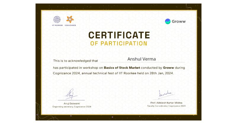 Anshul Verma | Certificate Of Workshop on Stock Market By Groww ... Anshul Verma | Certificate Of Workshop on Stock Market By Groww ...
