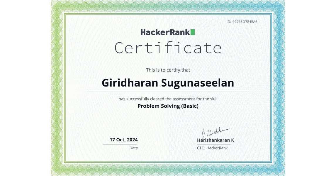 Giridharan Sugunaseelan on LinkedIn: HackerRank Skill Certificate Giridharan Sugunaseelan on LinkedIn: HackerRank Skill Certificate