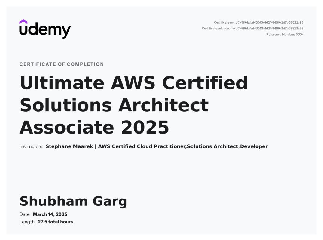 Udemy Course Completion Certificate | Shubham Garg Udemy Course Completion Certificate | Shubham Garg