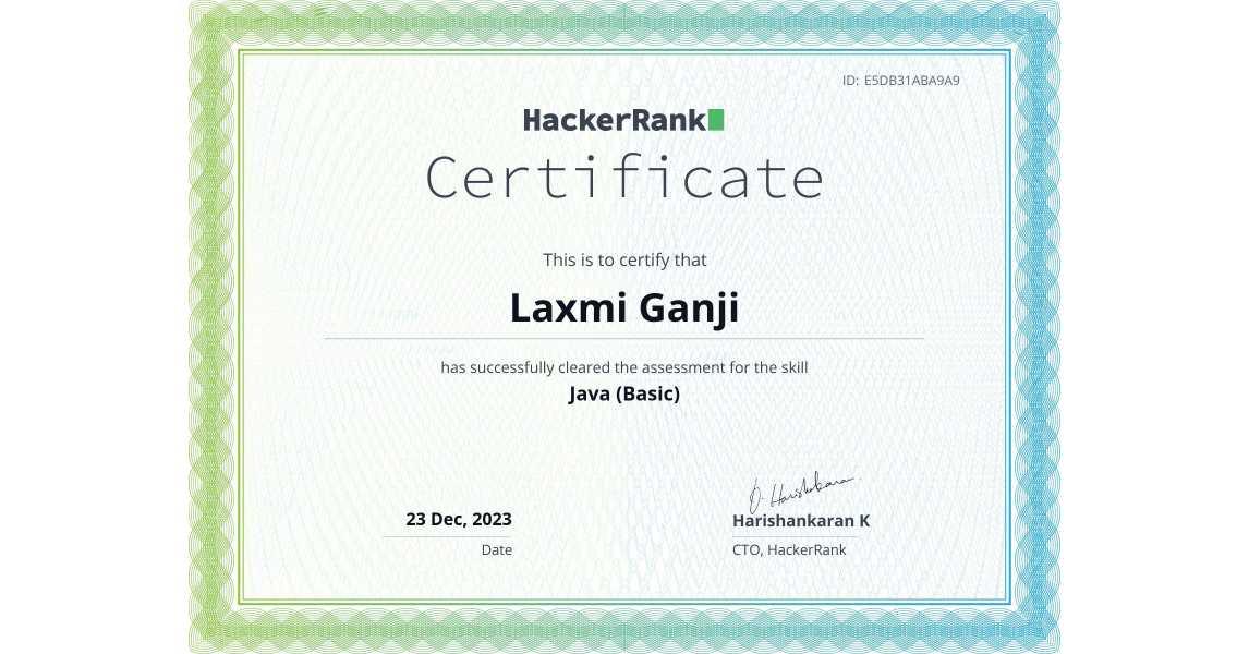 Laxmi Ganji on LinkedIn: HackerRank Skill Certificate Laxmi Ganji on LinkedIn: HackerRank Skill Certificate