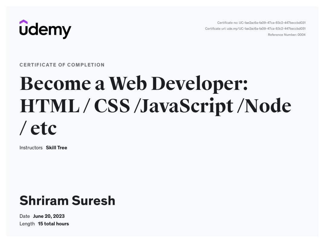 Udemy Course Completion Certificate | SHRIRAM SURESH Udemy Course Completion Certificate | SHRIRAM SURESH