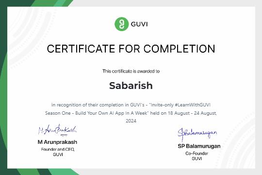 GUVI Certificate | Sabarish Sathiya GUVI Certificate | Sabarish Sathiya