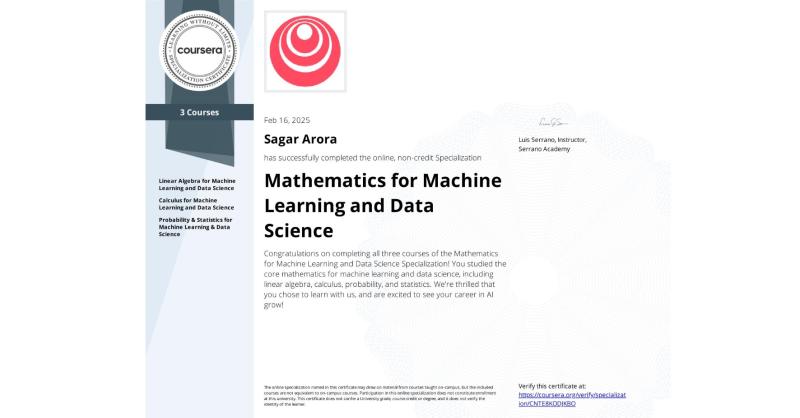 Sagar Arora on LinkedIn: Completion Certificate for Mathematics for ... Sagar Arora on LinkedIn: Completion Certificate for Mathematics for ...