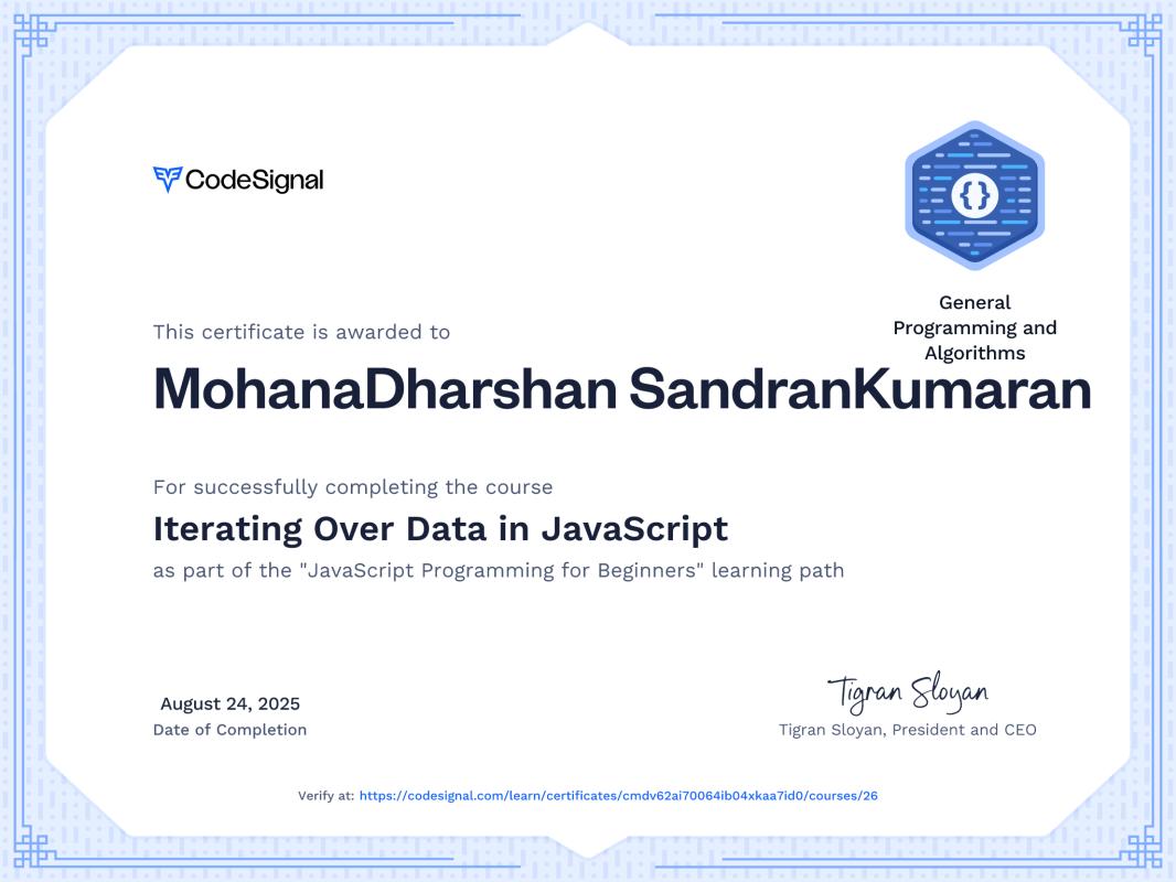 Course certificate for Iterating Over Data in JavaScript | Mohana ... Course certificate for Iterating Over Data in JavaScript | Mohana ...
