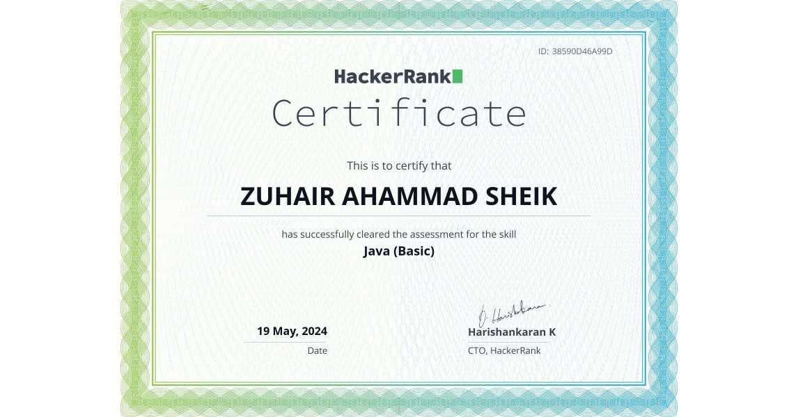 ZUHAIR AHAMMAD SHEIK on LinkedIn: HackerRank Skill Certificate ZUHAIR AHAMMAD SHEIK on LinkedIn: HackerRank Skill Certificate