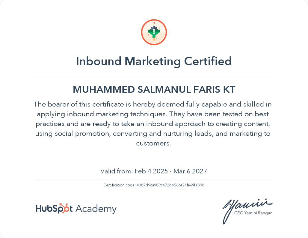 HubSpot Academy Inbound Marketing Certification | Salmanul Faris HubSpot Academy Inbound Marketing Certification | Salmanul Faris