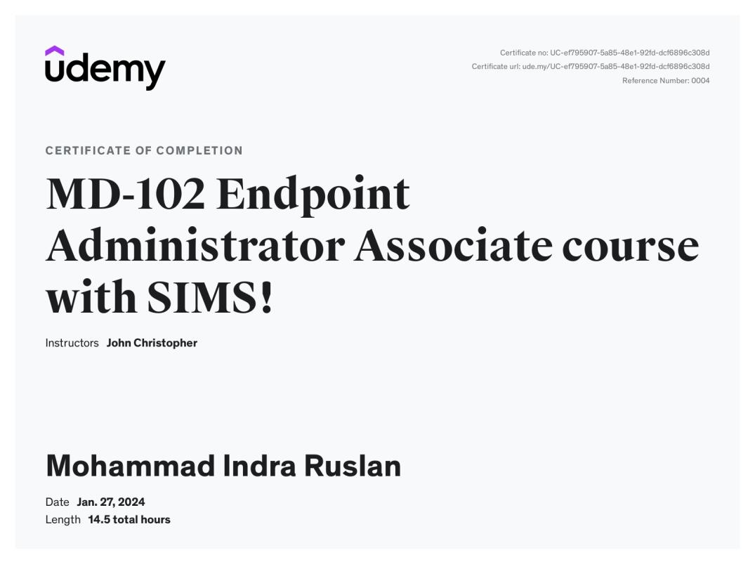 Mohammad Indra Ruslan on LinkedIn: Udemy Course Completion Certificate Mohammad Indra Ruslan on LinkedIn: Udemy Course Completion Certificate