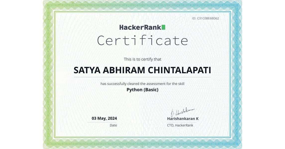 HackerRank Skill Certificate | satya abhiram chintalapati HackerRank Skill Certificate | satya abhiram chintalapati