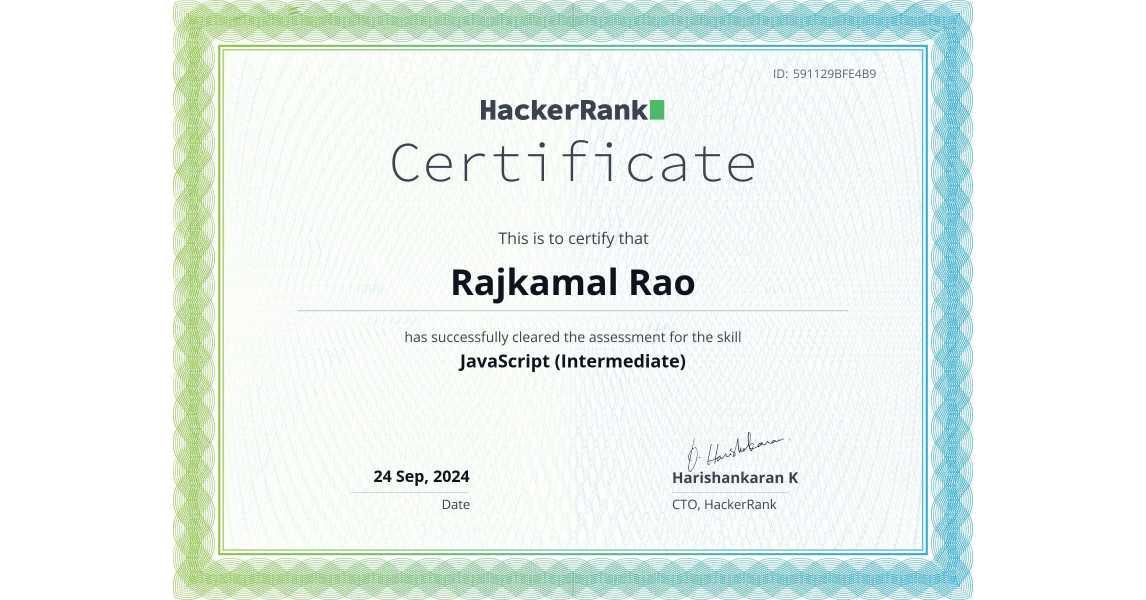 Rajkamal Rao on LinkedIn: HackerRank Skill Certificate Rajkamal Rao on LinkedIn: HackerRank Skill Certificate