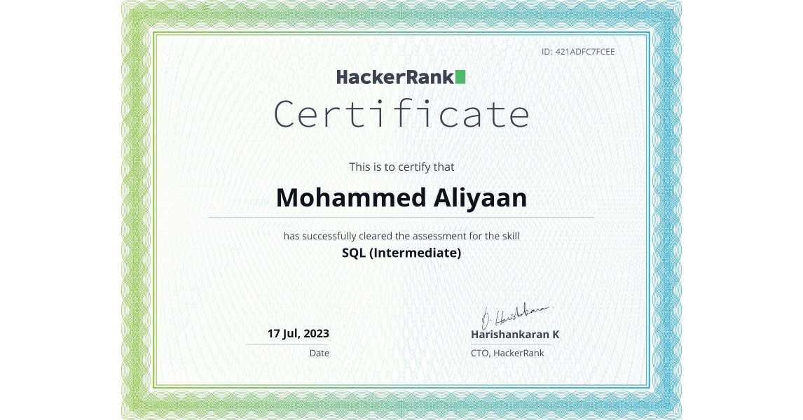 HackerRank Skill Certificate | Mohammed Aliyaan HackerRank Skill Certificate | Mohammed Aliyaan