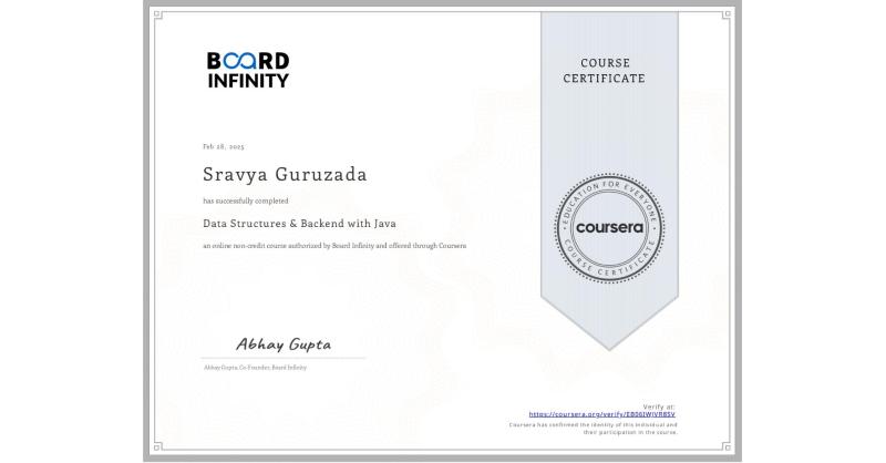 Completion Certificate for Data Structures & Backend with Java | Sravya ... Completion Certificate for Data Structures & Backend with Java | Sravya ...