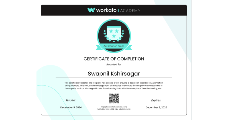 Automation Pro III • Swapnil Kshirsagar • Workato | Swapnil Kshirsagar Automation Pro III • Swapnil Kshirsagar • Workato | Swapnil Kshirsagar