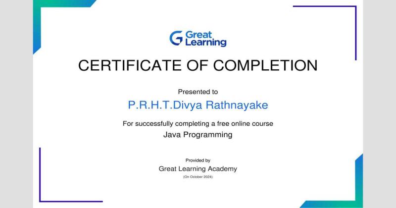 Divya Rathnayake on LinkedIn: Java Programming course completion ... Divya Rathnayake on LinkedIn: Java Programming course completion ...
