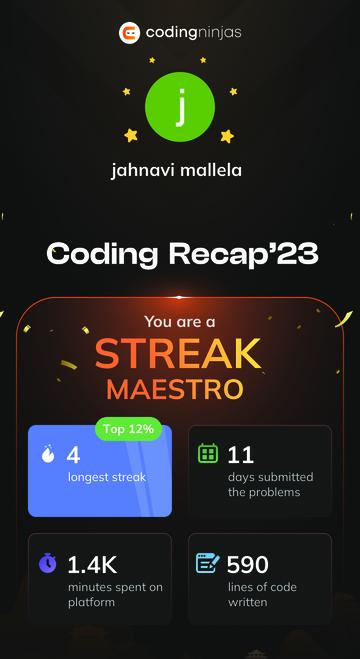 Jahnavi Mallela on LinkedIn: My yearly stats at Coding Ninjas Jahnavi Mallela on LinkedIn: My yearly stats at Coding Ninjas