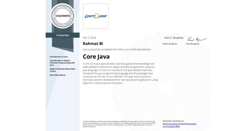 Completion Certificate for Core Java | Muskan Rahmat Bi Completion Certificate for Core Java | Muskan Rahmat Bi