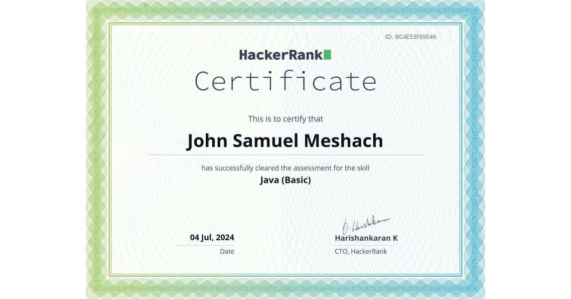 John samuel meshach .A on LinkedIn: HackerRank Skill Certificate John samuel meshach .A on LinkedIn: HackerRank Skill Certificate