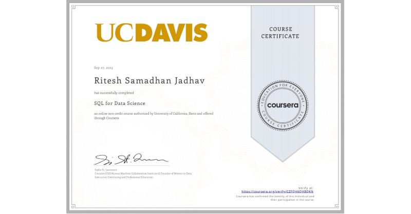 Ritesh Jadhav on LinkedIn: Completion Certificate for SQL for Data Science Ritesh Jadhav on LinkedIn: Completion Certificate for SQL for Data Science