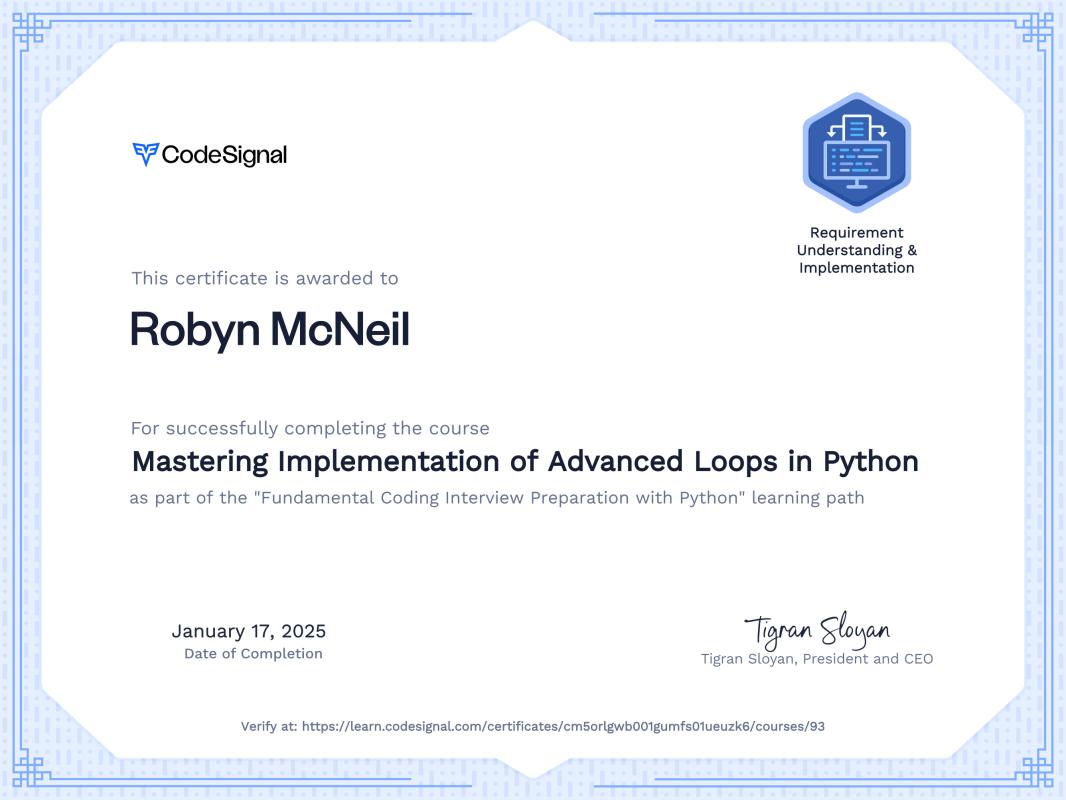 Course certificate for Mastering Implementation of Advanced Loops in ... Course certificate for Mastering Implementation of Advanced Loops in ...