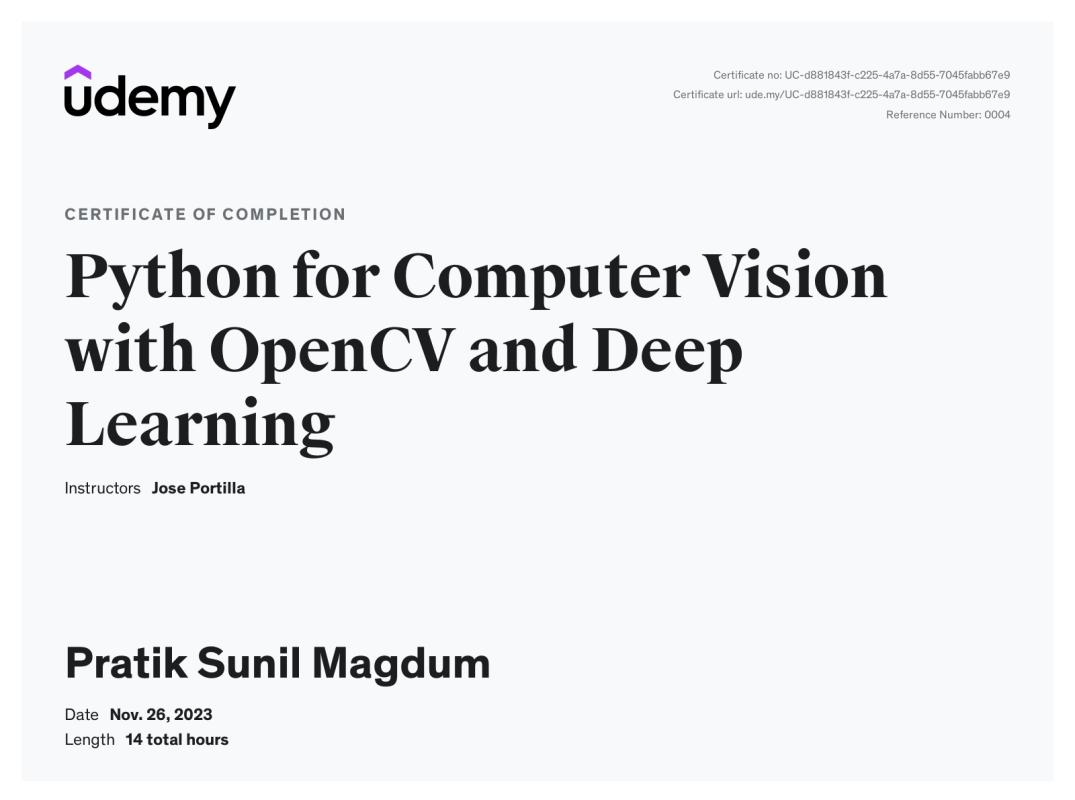 Completed OpenCV certification for image processing | Pratik Magdum ... Completed OpenCV certification for image processing | Pratik Magdum ...