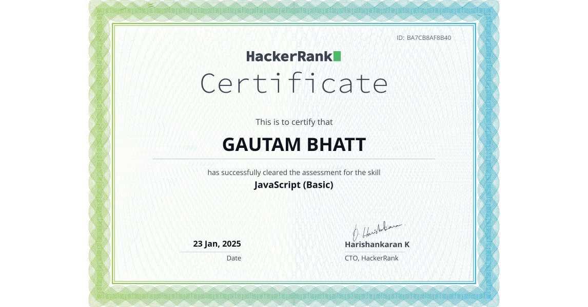Gautam Bhatt on LinkedIn: HackerRank Skill Certificate Gautam Bhatt on LinkedIn: HackerRank Skill Certificate