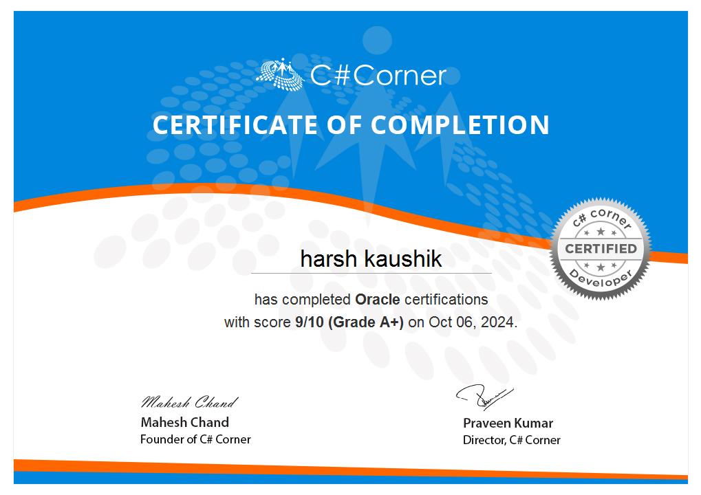Oracle Certification | Harsh Kaushik Oracle Certification | Harsh Kaushik