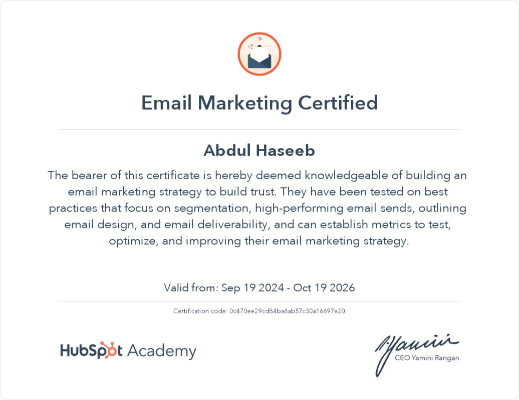 Abdul Haseeb on LinkedIn: HubSpot Academy Email Marketing Certification Abdul Haseeb on LinkedIn: HubSpot Academy Email Marketing Certification