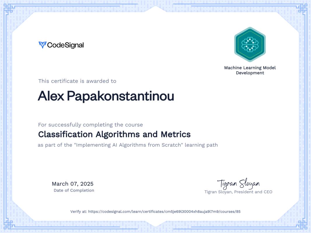 Course certificate for Classification Algorithms and Metrics ... Course certificate for Classification Algorithms and Metrics ...