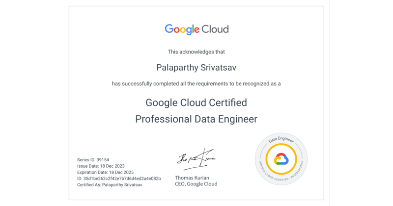 Professional Data Engineer • Palaparthy Srivatsav • Google Cloud ... Professional Data Engineer • Palaparthy Srivatsav • Google Cloud ...