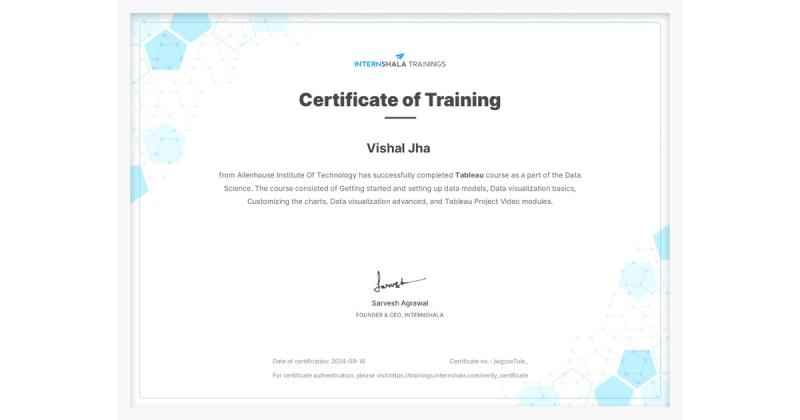 Successfully completed the Tableau training from Internshala Trainings ... Successfully completed the Tableau training from Internshala Trainings ...