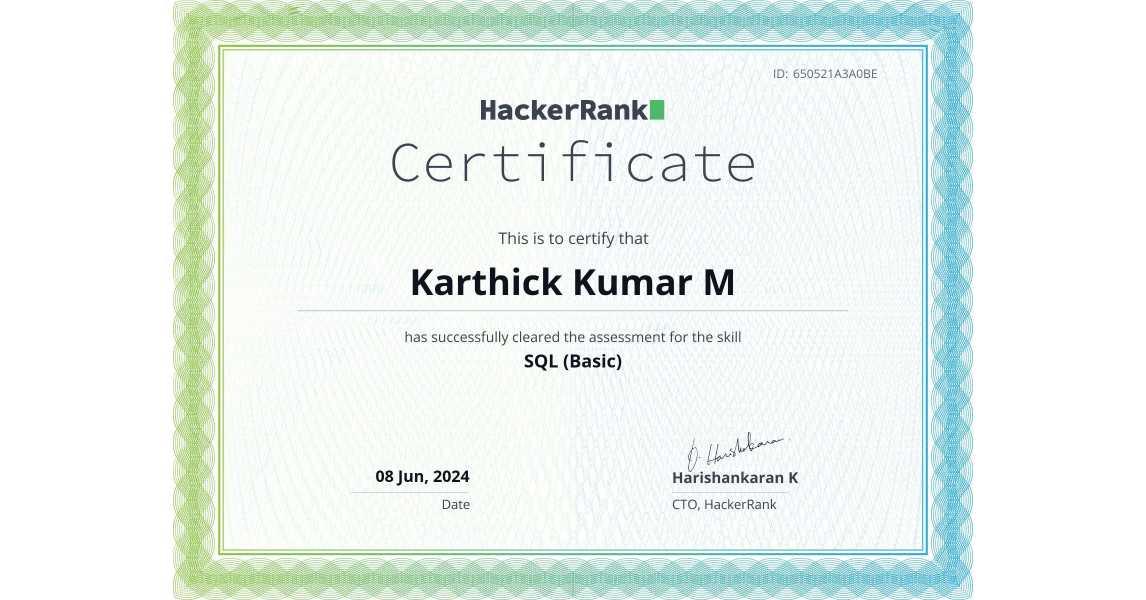 Karthick Kumar Murugesan on LinkedIn: HackerRank Skill Certificate Karthick Kumar Murugesan on LinkedIn: HackerRank Skill Certificate