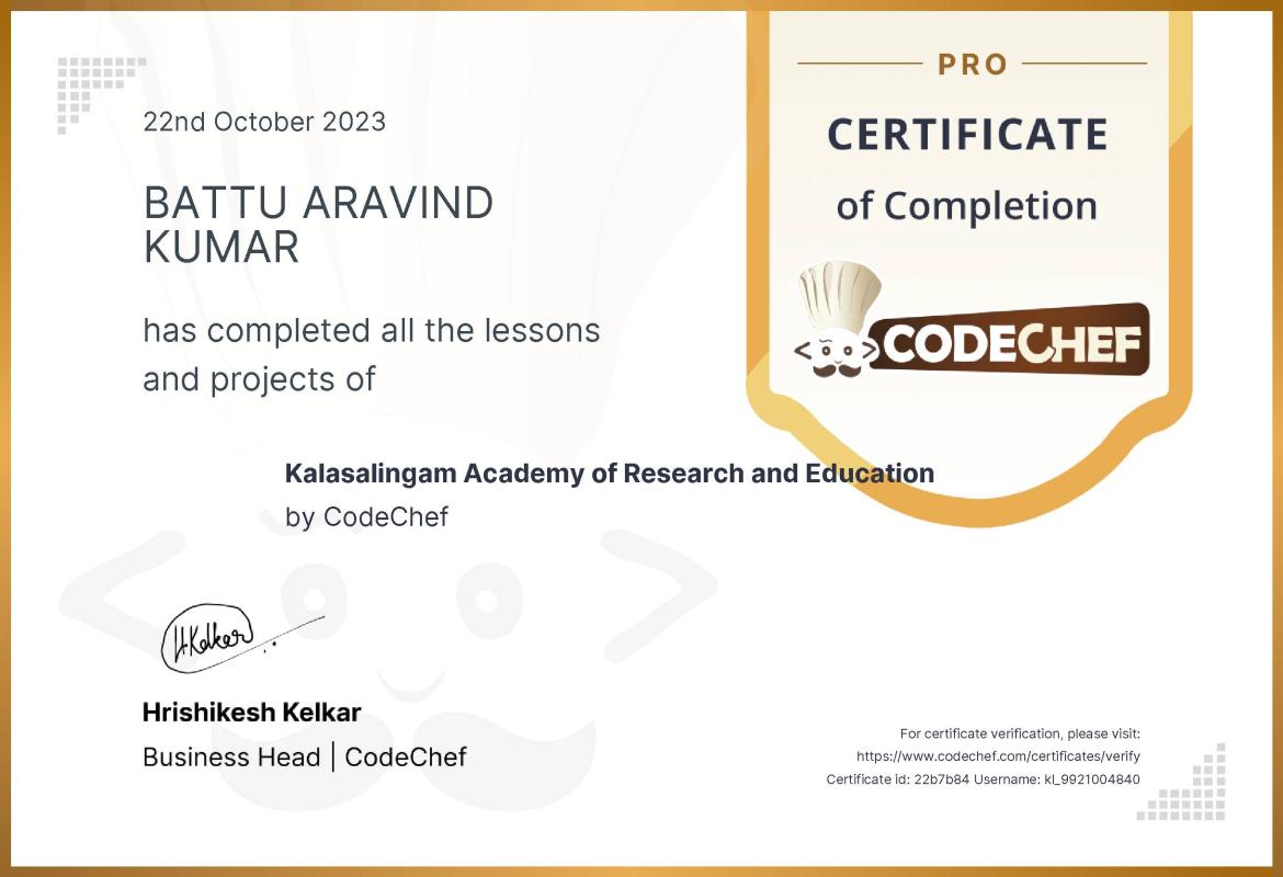 BATTU ARAVIND KUMAR on LinkedIn: CodeChef Certificate - BATTU ARAVIND KUMAR BATTU ARAVIND KUMAR on LinkedIn: CodeChef Certificate - BATTU ARAVIND KUMAR