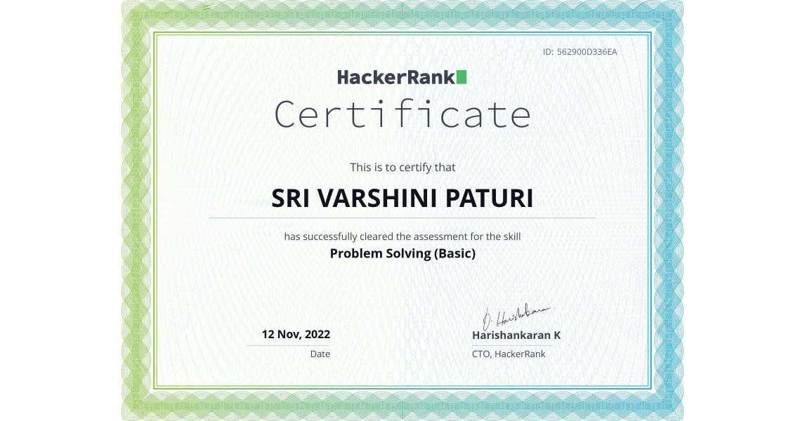 HackerRank Skill Certificate | srivarshini paturi HackerRank Skill Certificate | srivarshini paturi