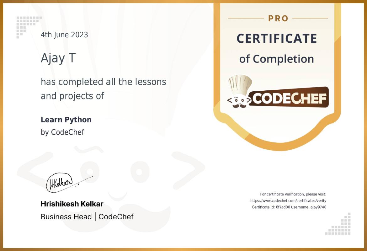 Ajay T on LinkedIn: CodeChef Certificate - Ajay T Ajay T on LinkedIn: CodeChef Certificate - Ajay T